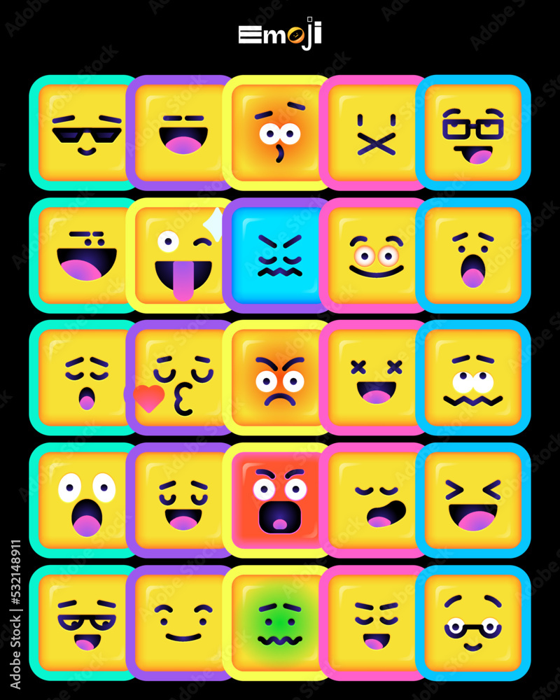 Square Emoticons set. Yellow Emoji faces emoticon smile, digital smiley expression emotion ...