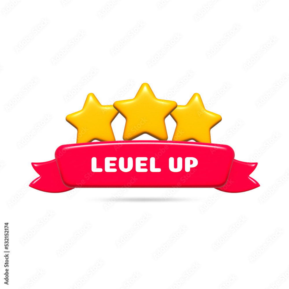 Level up reward vector badge illustration. Golden stars with red ribbon ...