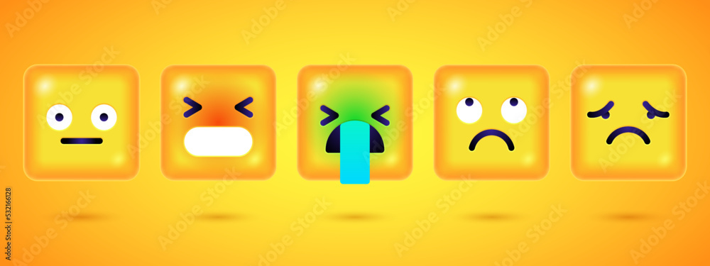 Square Emoticons set. Yellow Emoji faces emoticon smile, digital smiley ...