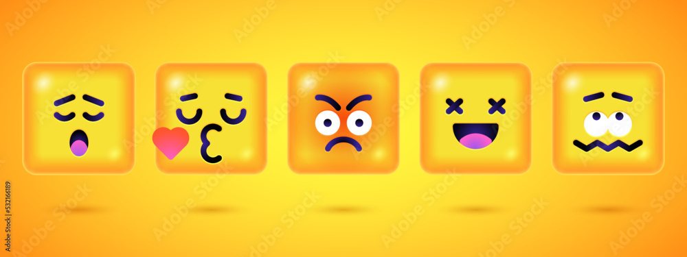Square Emoticons set. Yellow Emoji faces emoticon smile, digital smiley ...