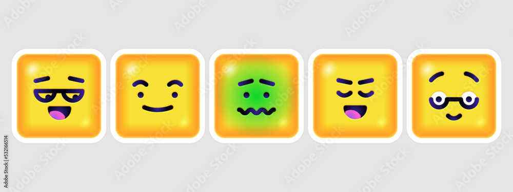 Square Emoticons set. Yellow Emoji faces emoticon smile, digital smiley ...