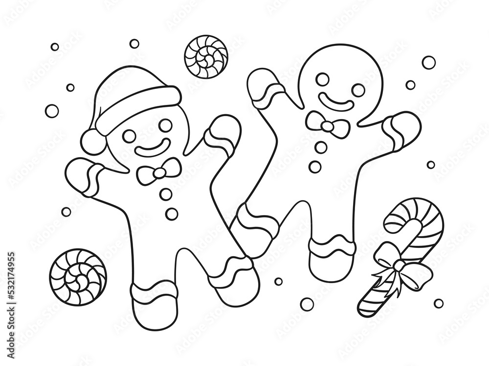 Gingerbread man cookies with peppermint and candy cane outline line art ...