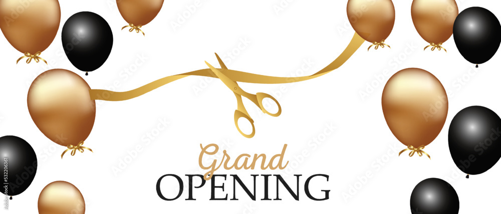 Grand opening design with ribbon, balloons and gold scissors, confetti ...