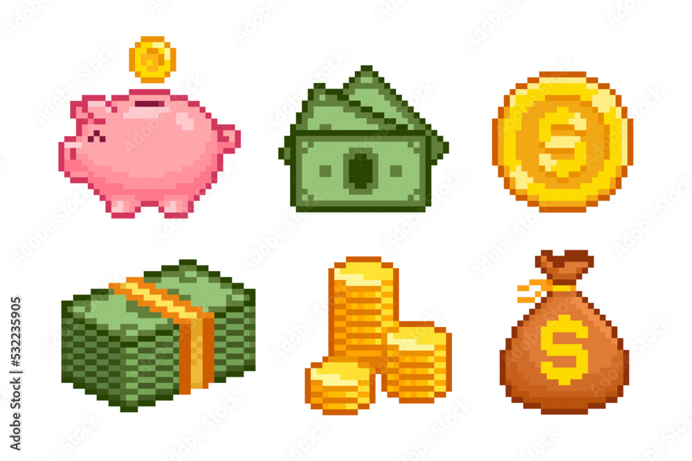 8-bit Pixel Art Cash Money icons set. Pixel Wallet with banknotes and ...