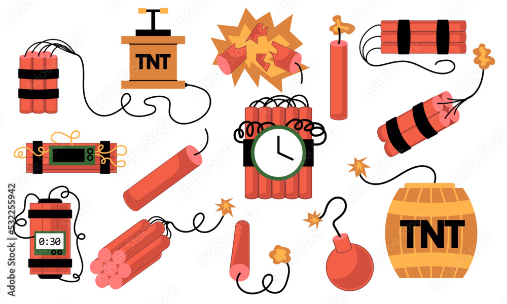 Stockvector Cartoon set of dynamite and tnt explosives with timer and ...