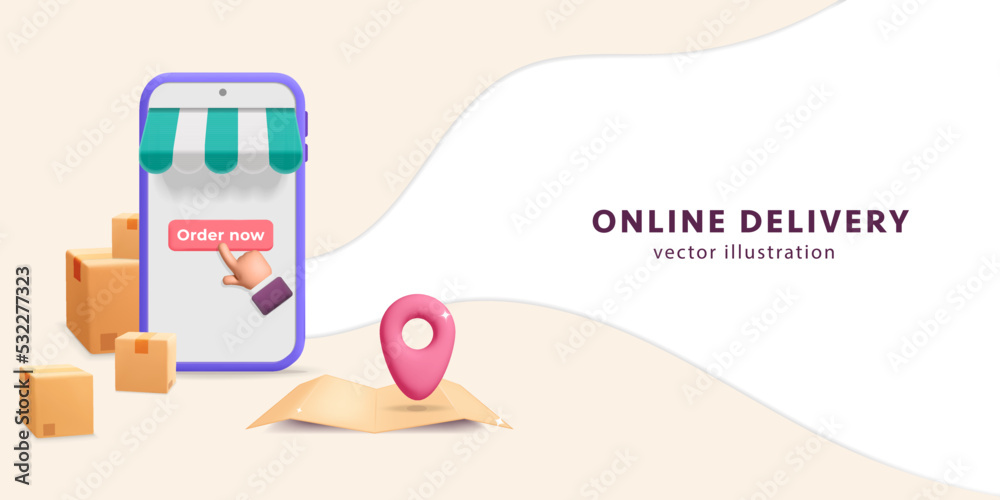 3d vector fast delivery service with app on mobile phone poster ...