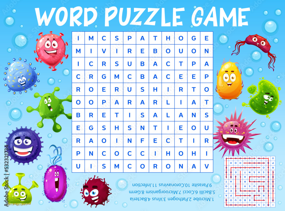 Cartoon germs, viruses and microbes, word search puzzle game worksheet ...