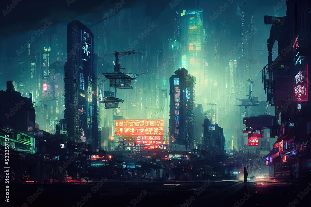 Cityscape of asian cyberpunk city at night. Neon, skyscrapers, fantasy ...