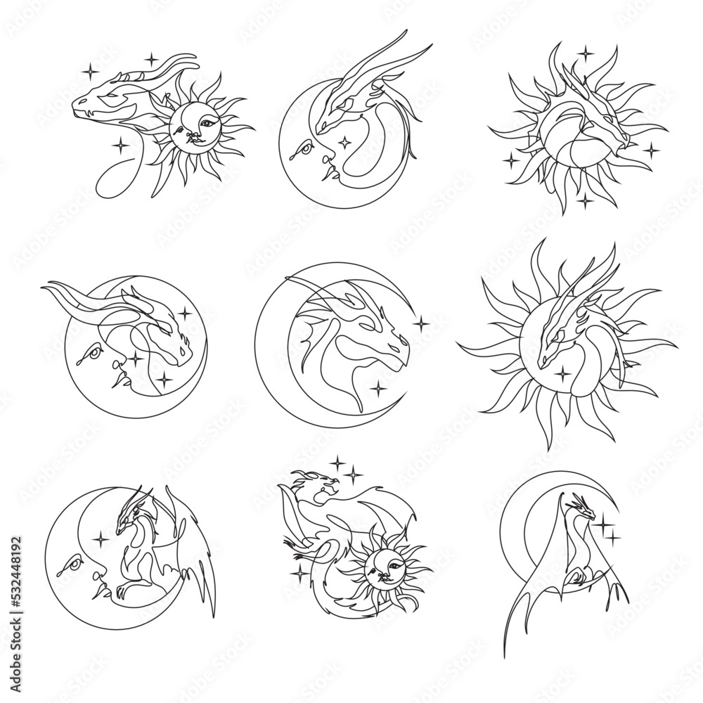 One line drawing of dragon with moon and sun logo identity. Magical ...