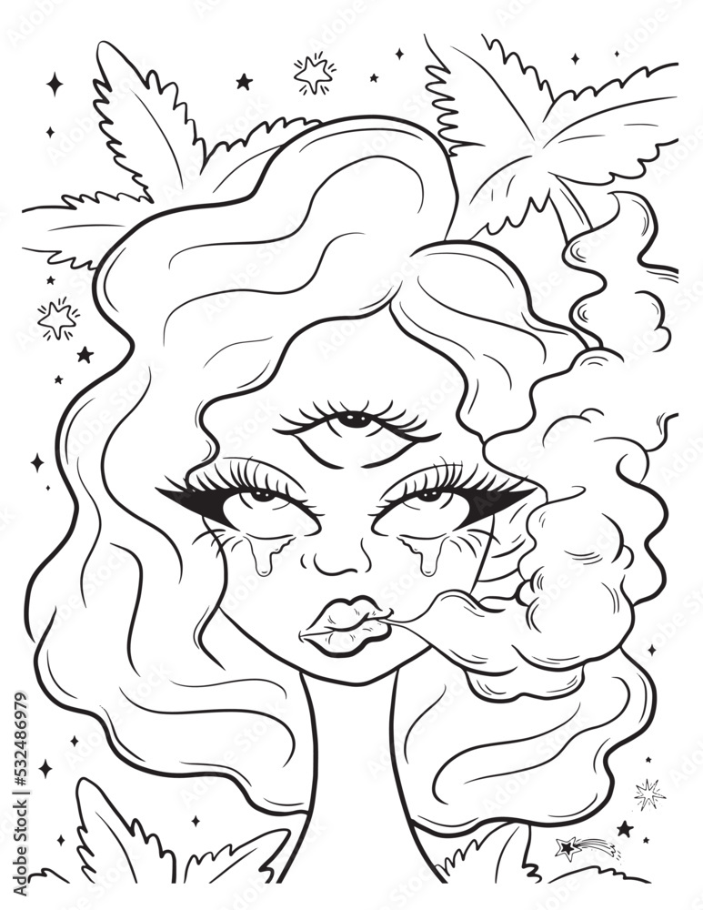 Beautiful girl smoking cigarette coloring page. Vector coloring for ...