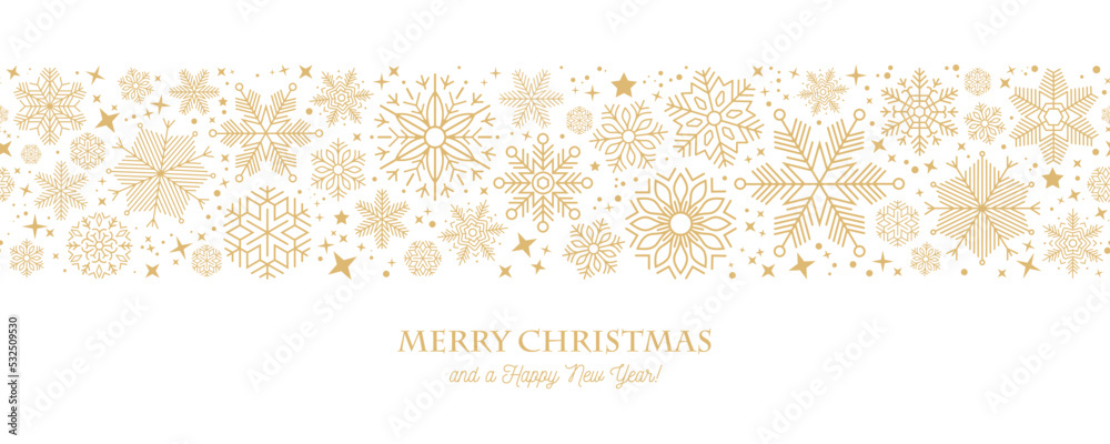 Gold snowflakes falling on white background. Golden snowflakes border ...