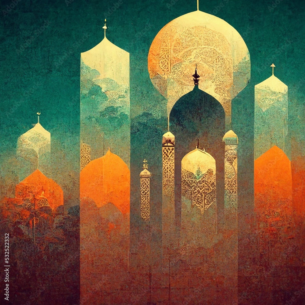 Islam inspired concept art. Muslim religious arabic painting. Mosque ...