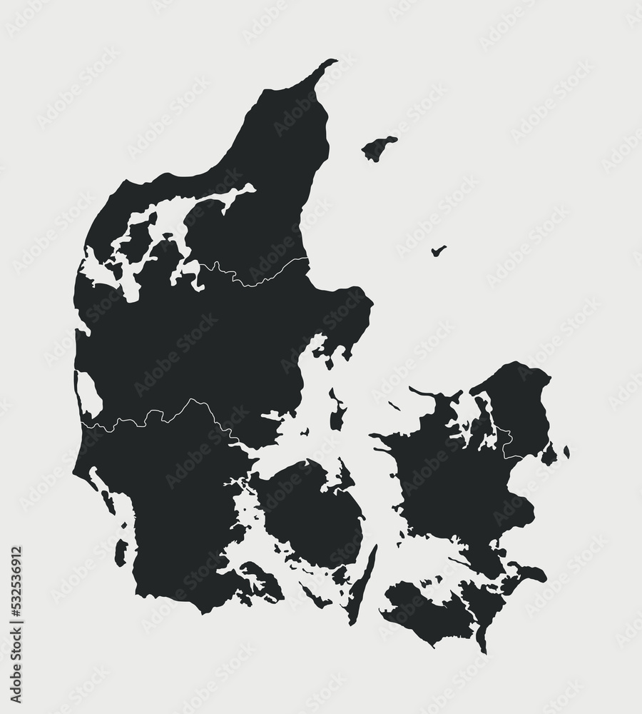 Denmark map with regions isolated on white background. Outline Map of ...