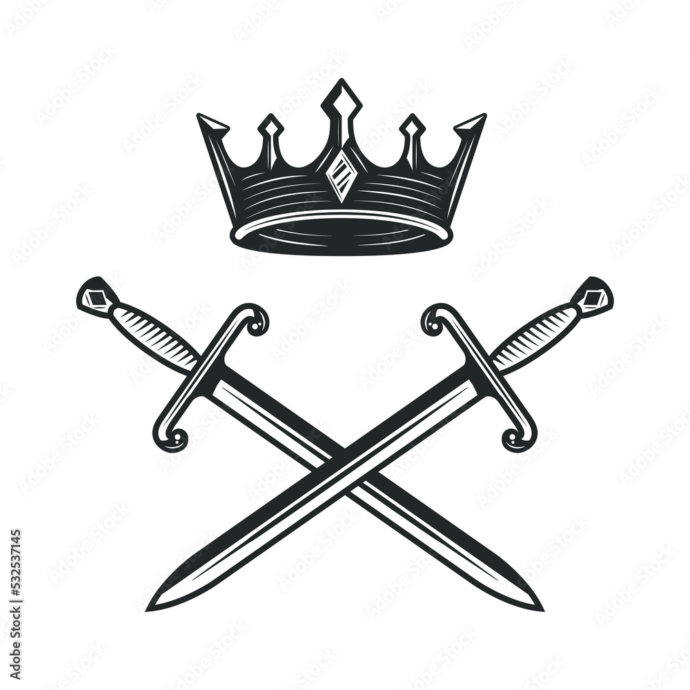 King, Royal logo with kings crown and sword icons. Royal vintage logo ...