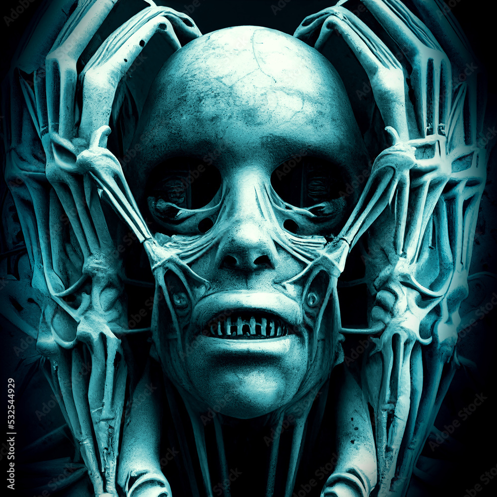 biomechanical bones, bizarre alien skull sculpture, extraterrestrial ...