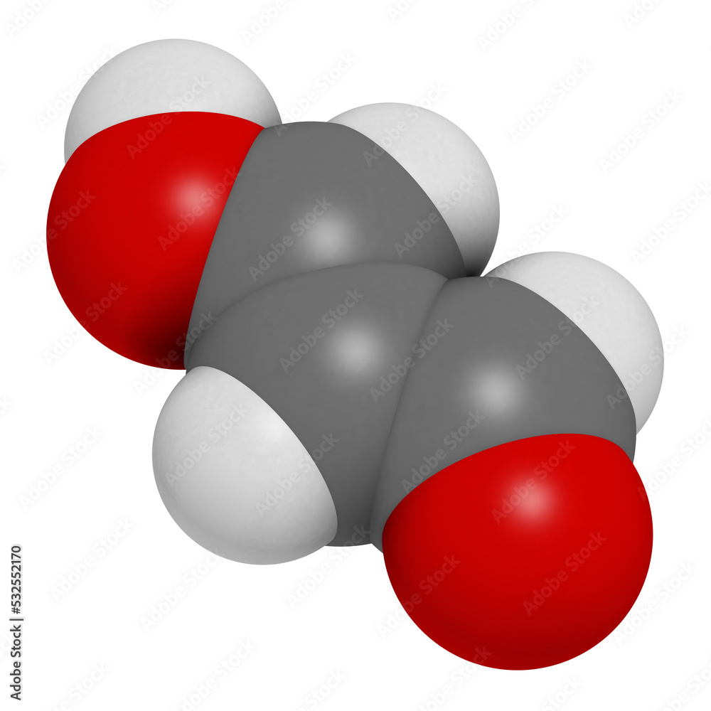 Malondialdehyde (MDA, enol form) molecule. Marker of oxidative stress ...