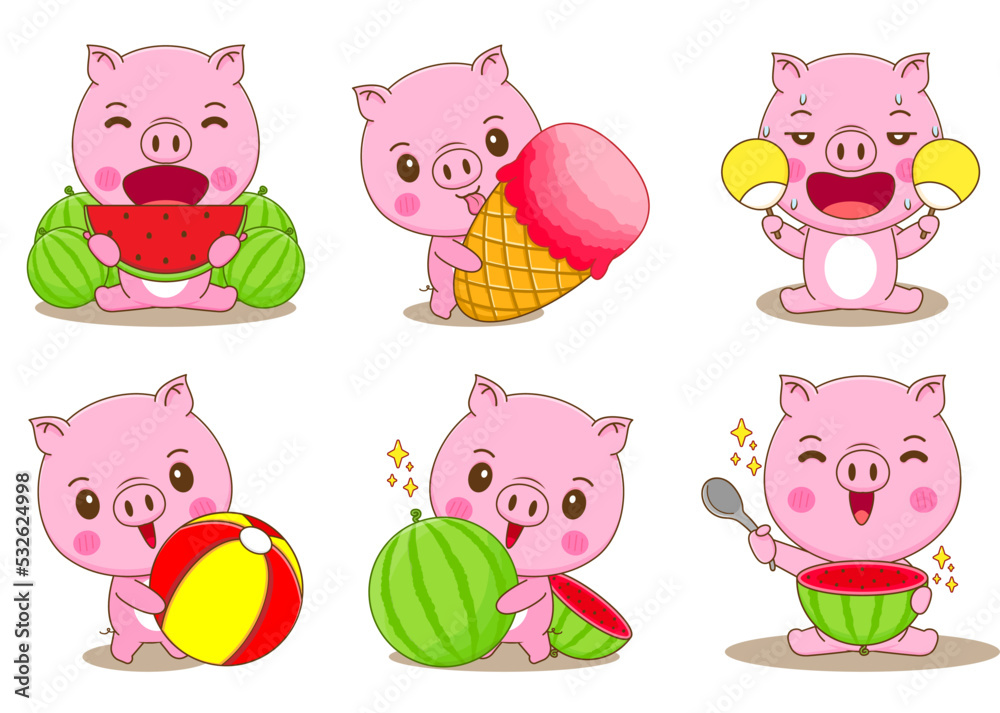 Cute pig cartoon character summer activity. Pig eating ice cream, watermelon, playing beach ball ...