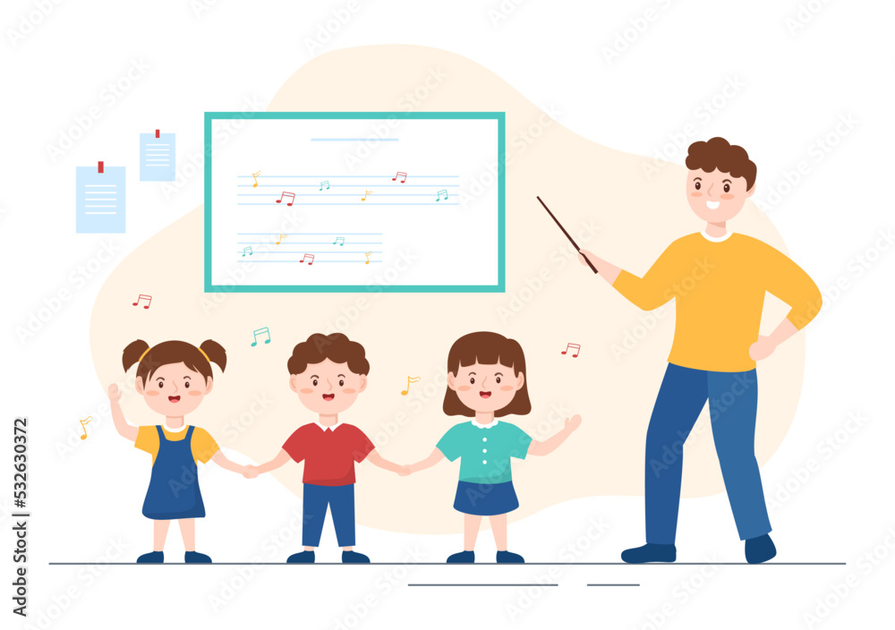 Music School Template In Hand Drawn Cartoon Flat Illustration Playing ...