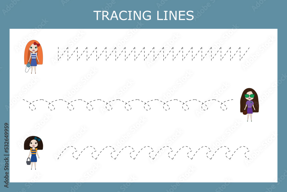 Tracing lines game with cute girls, dolls. Worksheet for preschool kids ...