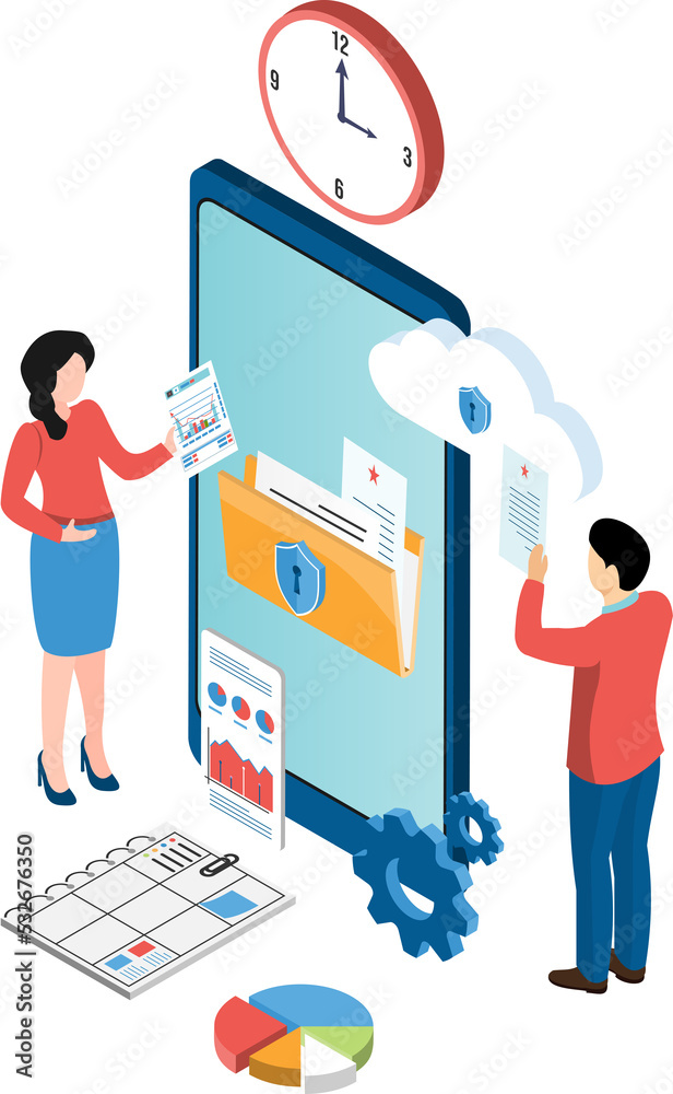 3D isometric File sharing and Transfer concept for transferred Encrypted Form, social media ...