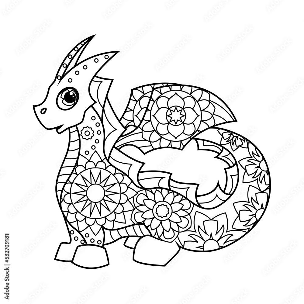 Coloring book for children. Cute dragon in zentangle style. Task for ...