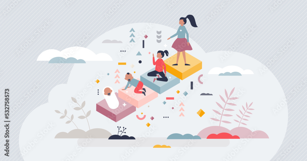 Vetor Child development and girl growth from newborn to pupil tiny ...