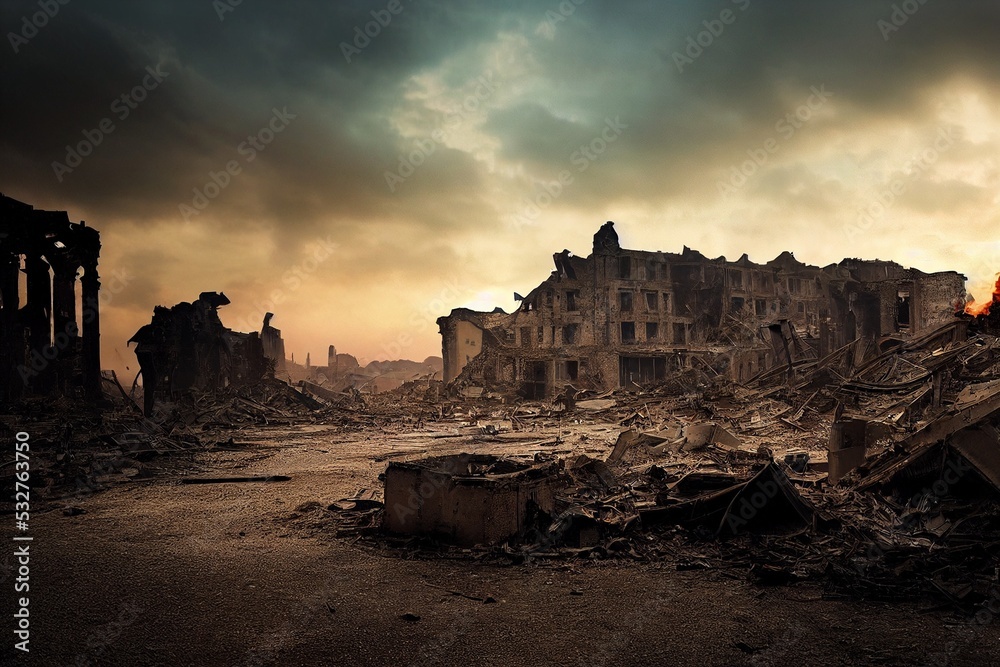 Destroyed cities after bombing raid, ruins, destroyed building, dust ...