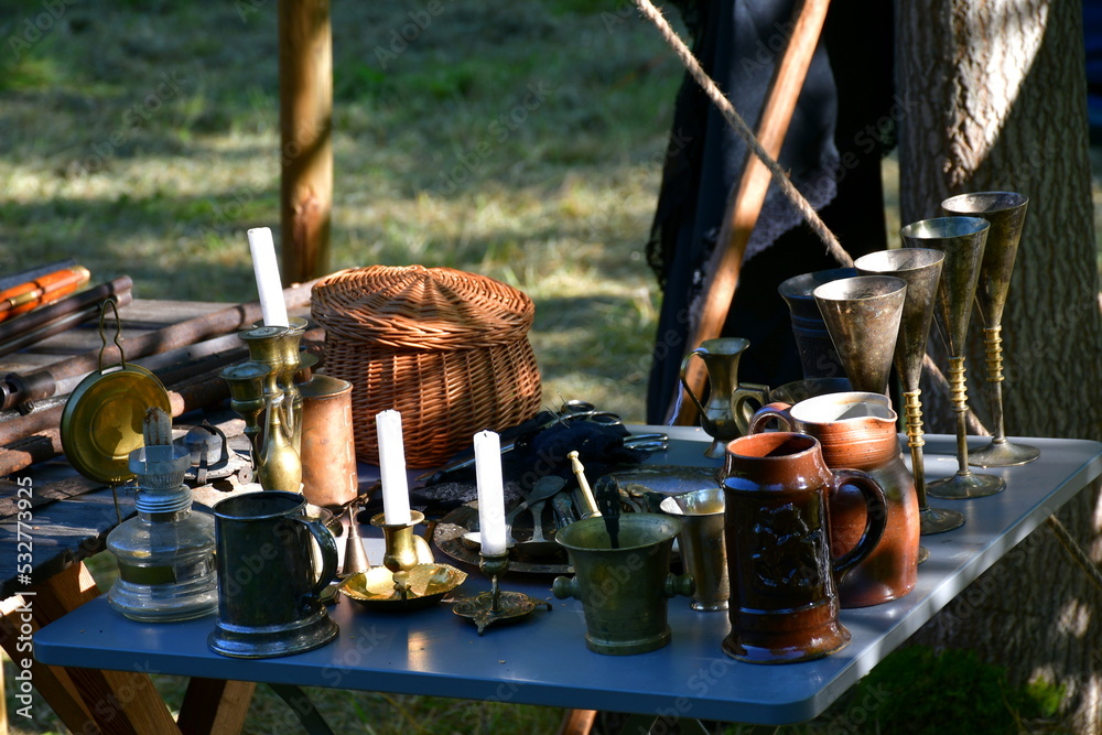 A complex military equipment including a gun, backpack, shovel, water ...