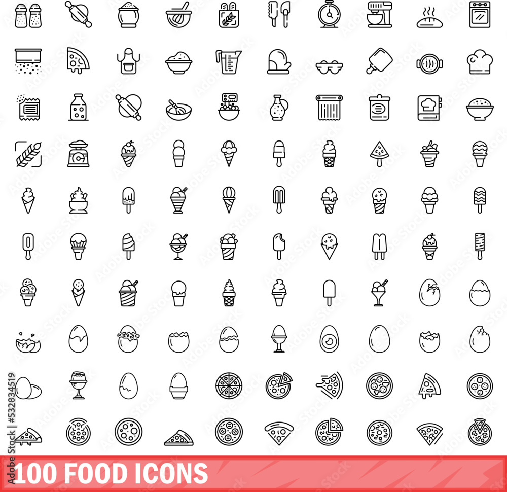 100 food icons set. Outline illustration of 100 food icons vector set ...