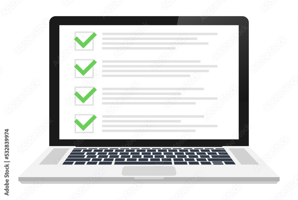 MobileChecklist browser window. Check mark. White tick on laptop screen ...