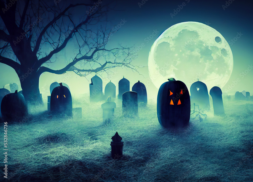 Living and scary pumpkin or grave on the night of October 31st ...