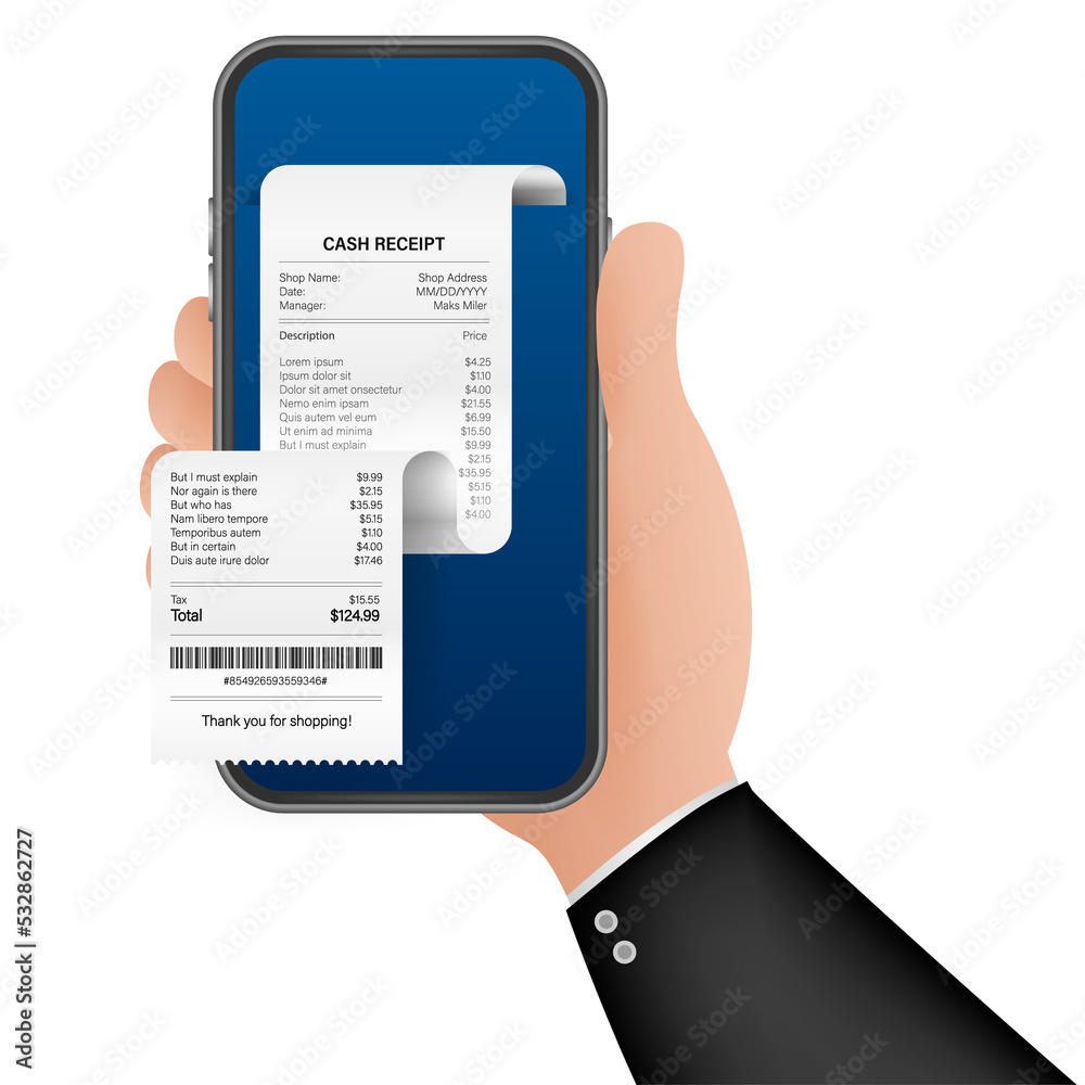 Receipt for smartphone screen. Pay tax online receipt Business card for ...
