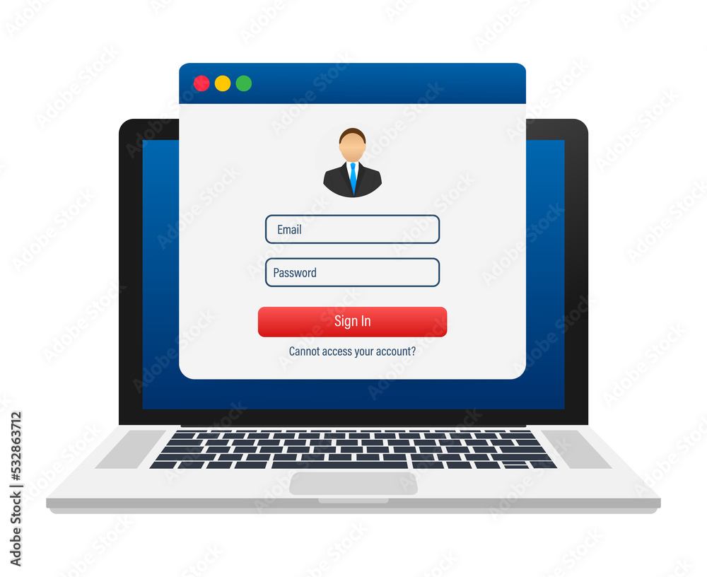 Sign in to account, user authorization, login authentication page concept. Laptop with login and ...