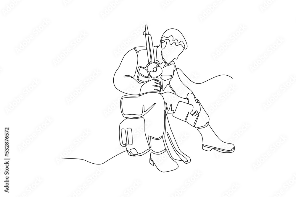 Continuous one line drawing. Soldier with weapon sitting and resting ...