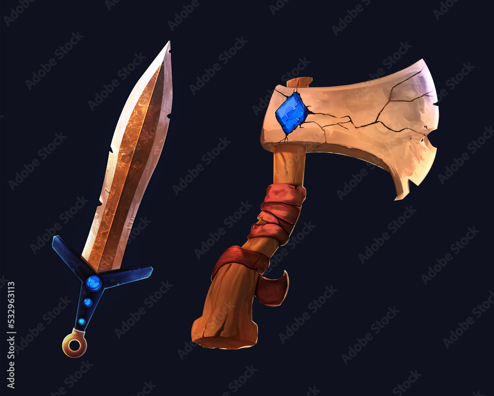 Isolated items. A set of fantasy weapons. Axe and sword with crystals ...
