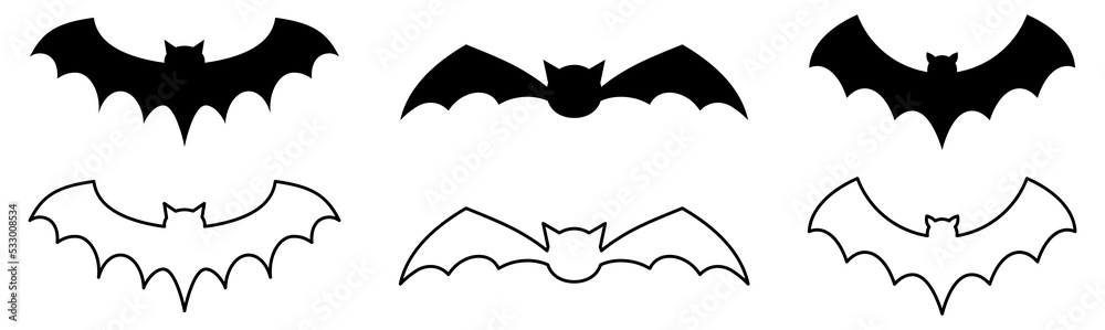 Set of bat icons. Flat and line art style. Halloween symbol. Vector ...