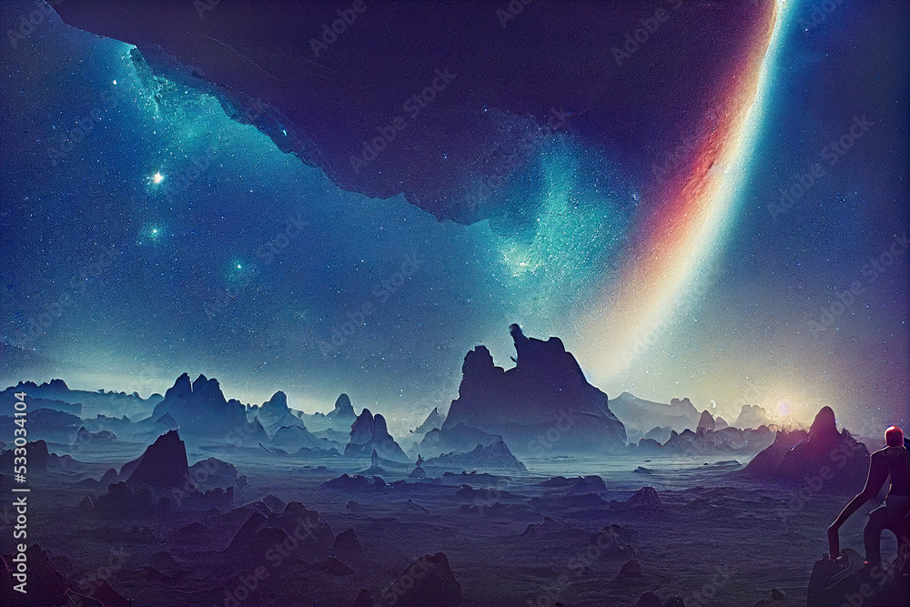 Night at alien planet, beautiful sky and nebula Stock Illustration | Adobe Stock