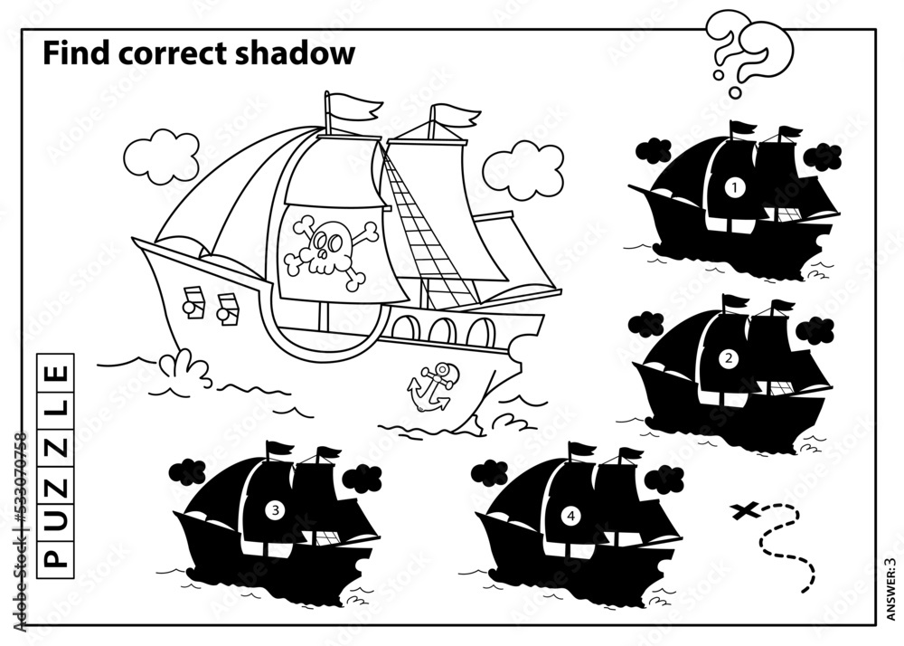 Puzzle Game for kids. Find correct shadow. Coloring Page Outline Of ...