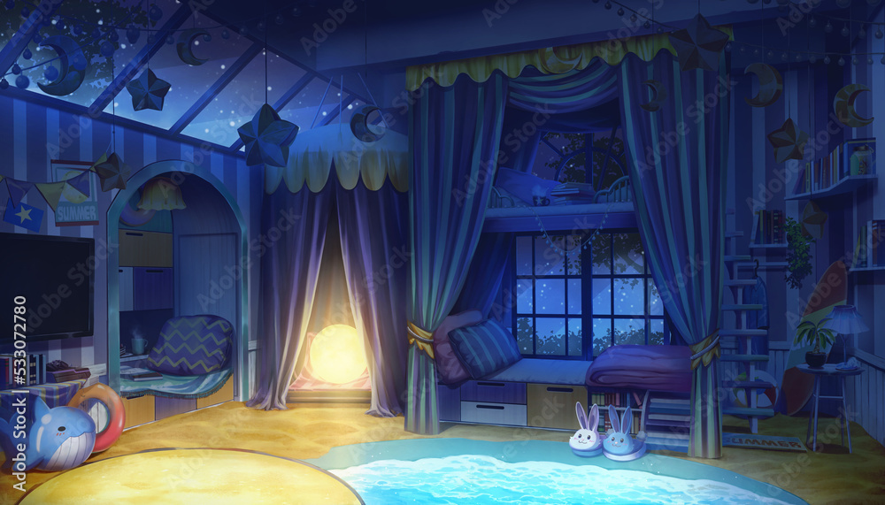 Game Art Fantasy interior bedroom design with summer beach and winter ...