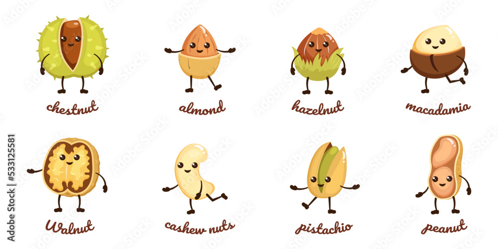 Nuts cartoon characters. Vector kawaii food illustration. Pistachio and ...