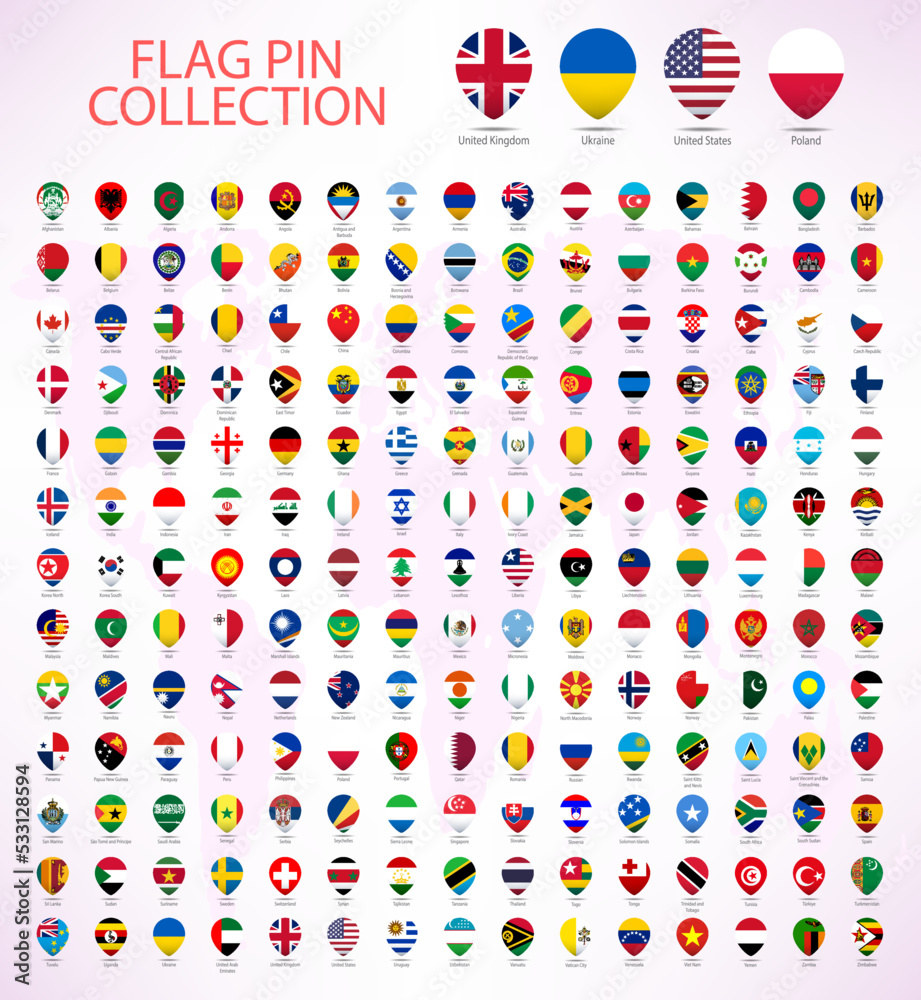 All national flags of the world with names - pin shape with shadow flag ...