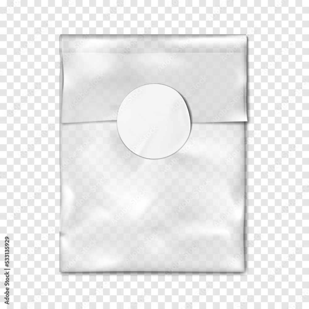 Clear plastic pouch with round label sticker closure on transparent ...