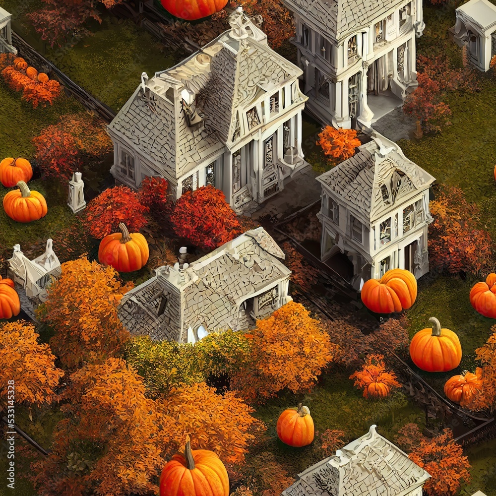 3D isometric pattern of a fantasy road map with victorian houses and ...