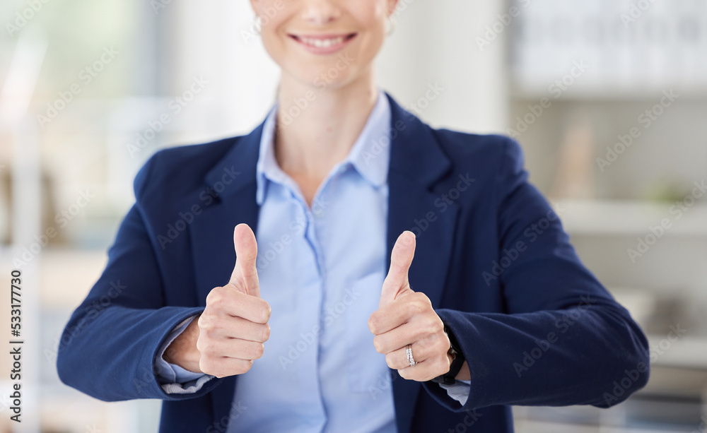 Thank you, thumbs up and success business woman with yes, support and ...
