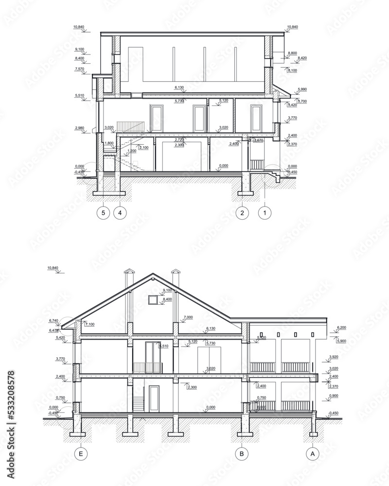 Two story private house section, detailed architectural technical ...