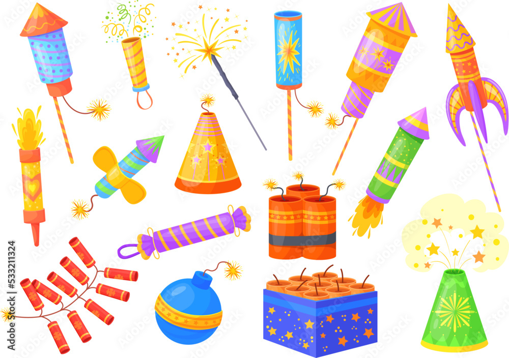 Cartoon petards. Feast firecracker and fireworks, fire crackers ...