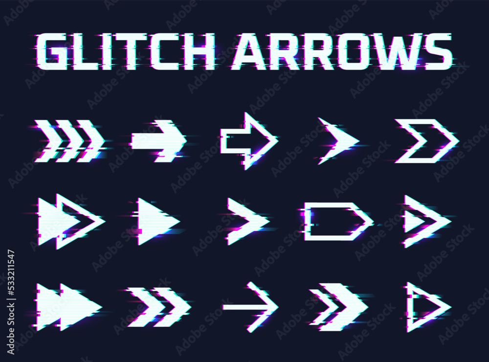 Glitch arrows. Glitched directional movement arrow, hud hologram ...