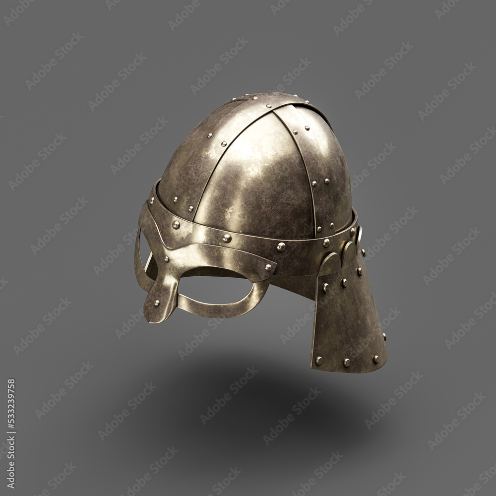 Old metallic ancient soldier helmet. Realistic used warrior shield helm ...