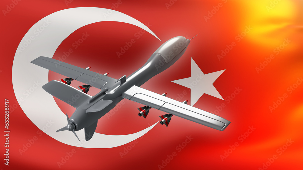 Turkish Army UAV. Unmanned aircraft in front of Turkish flag. Turkish ...