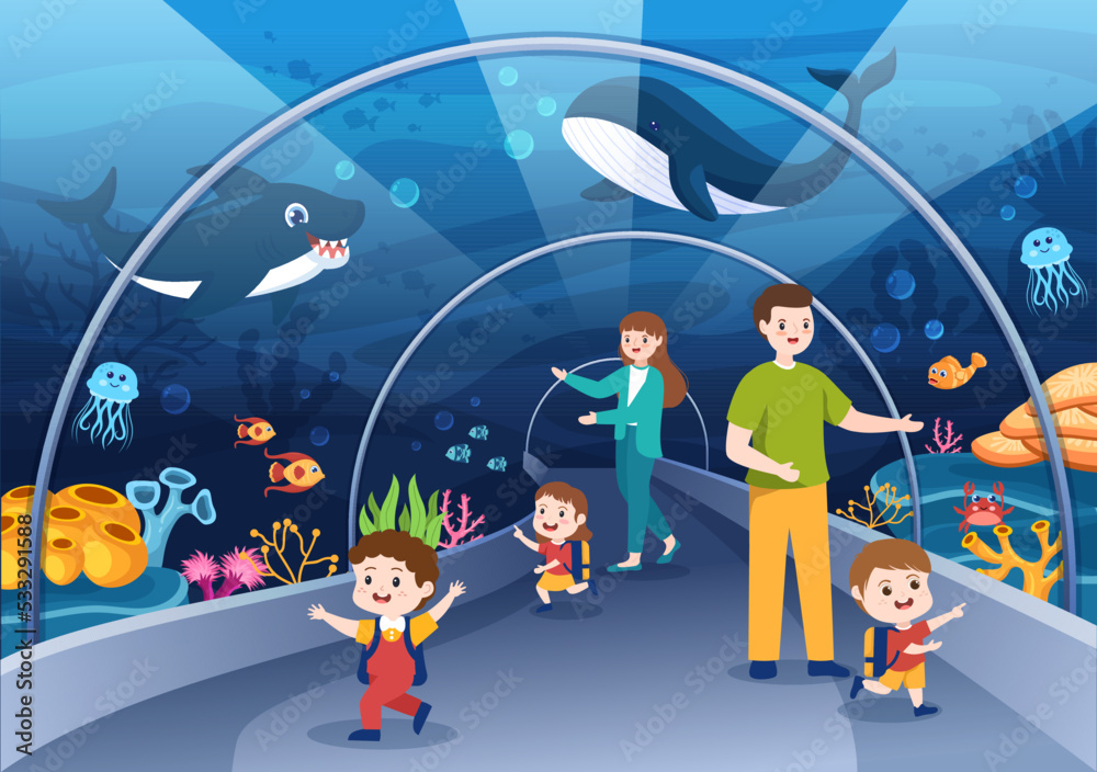 เวกเตอร์ Stock Aquarium Template Hand Drawn Cartoon Flat Illustration ...